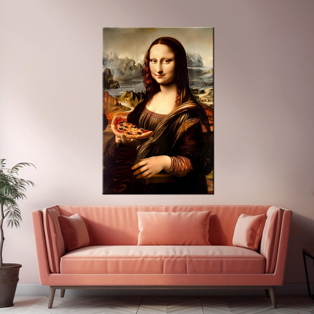 Pizzeria Prints, Mona Lisa Eating Pizza Canvas Print, Humorous Mona ...