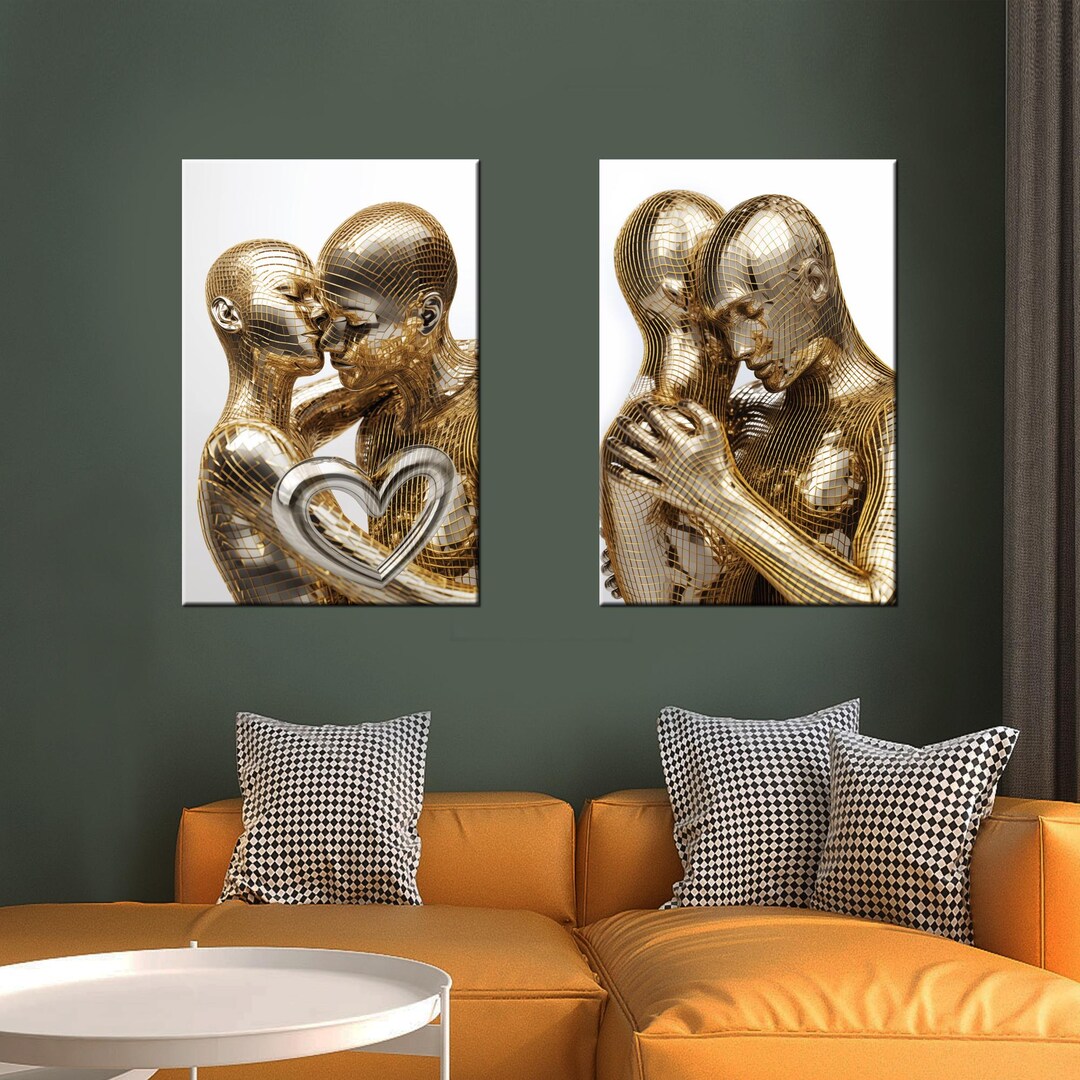 Romantic Metal Couple Kissing Canvas Print: Modern Lovers Wall Decor (2 ...