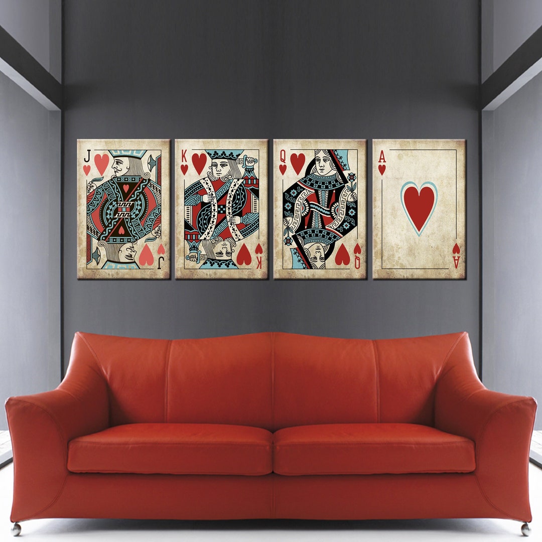 Vintage Playing Cards Set Hearts 4 Panels Wall Art, Cards Print Decor ...