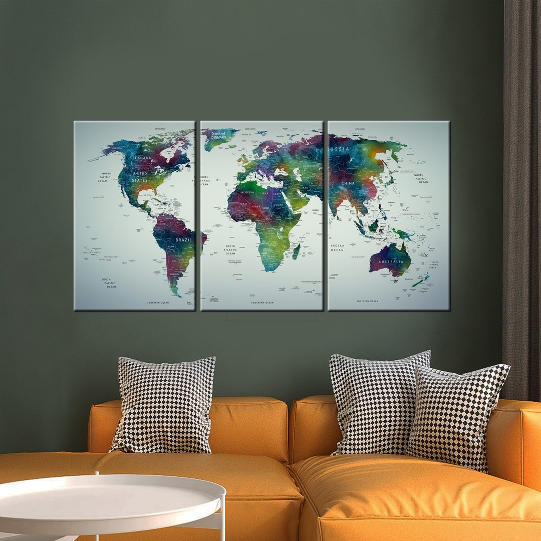Watercolor World Map Canvas, Canvas Travel Map, Detailed World Map ...