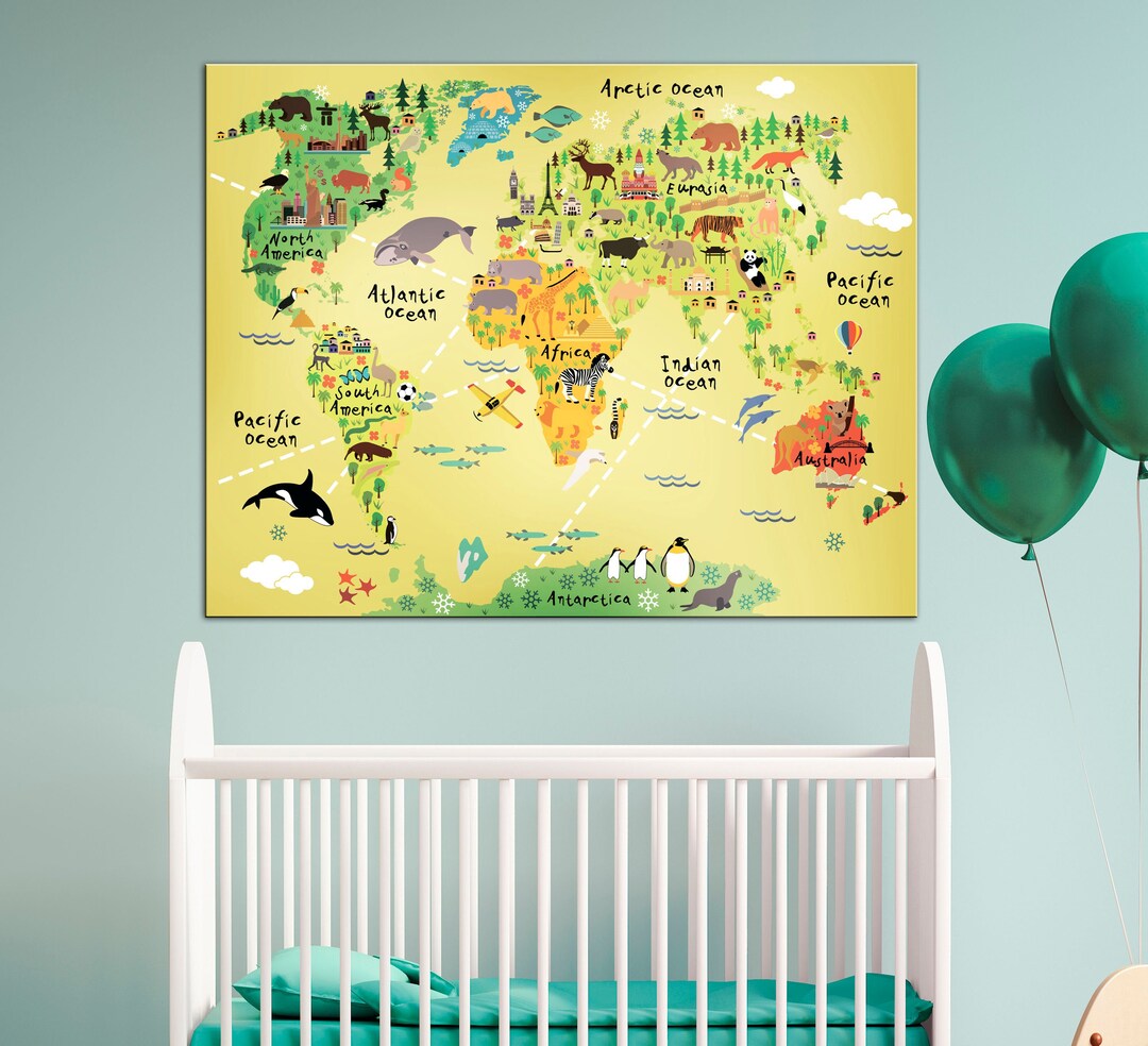 Sets Bedroom Wall Decor, Kids World Map Wall Art, Nursery Large Map ...