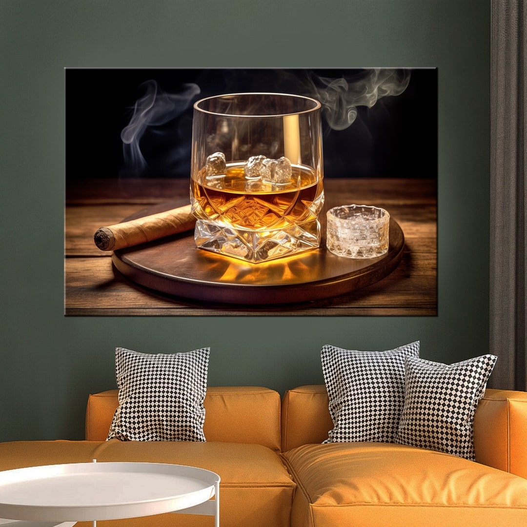 Whiskey Canvas Print, Whiskey Glass Cigar Wall Art, Man Cave Wall Decor ...