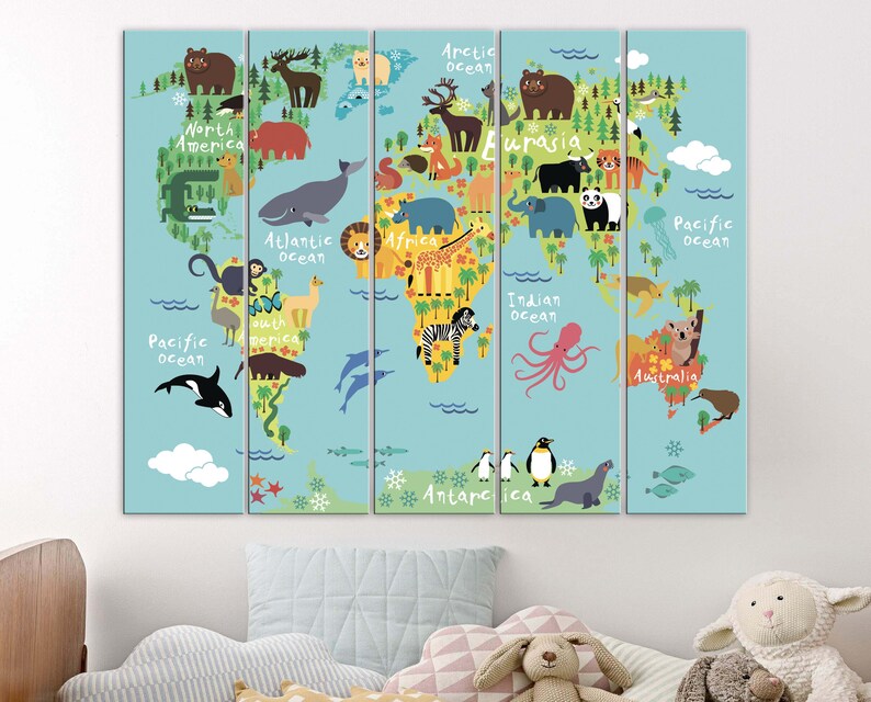 World Map for Kids Cartoon World Map for Children Animals - Etsy