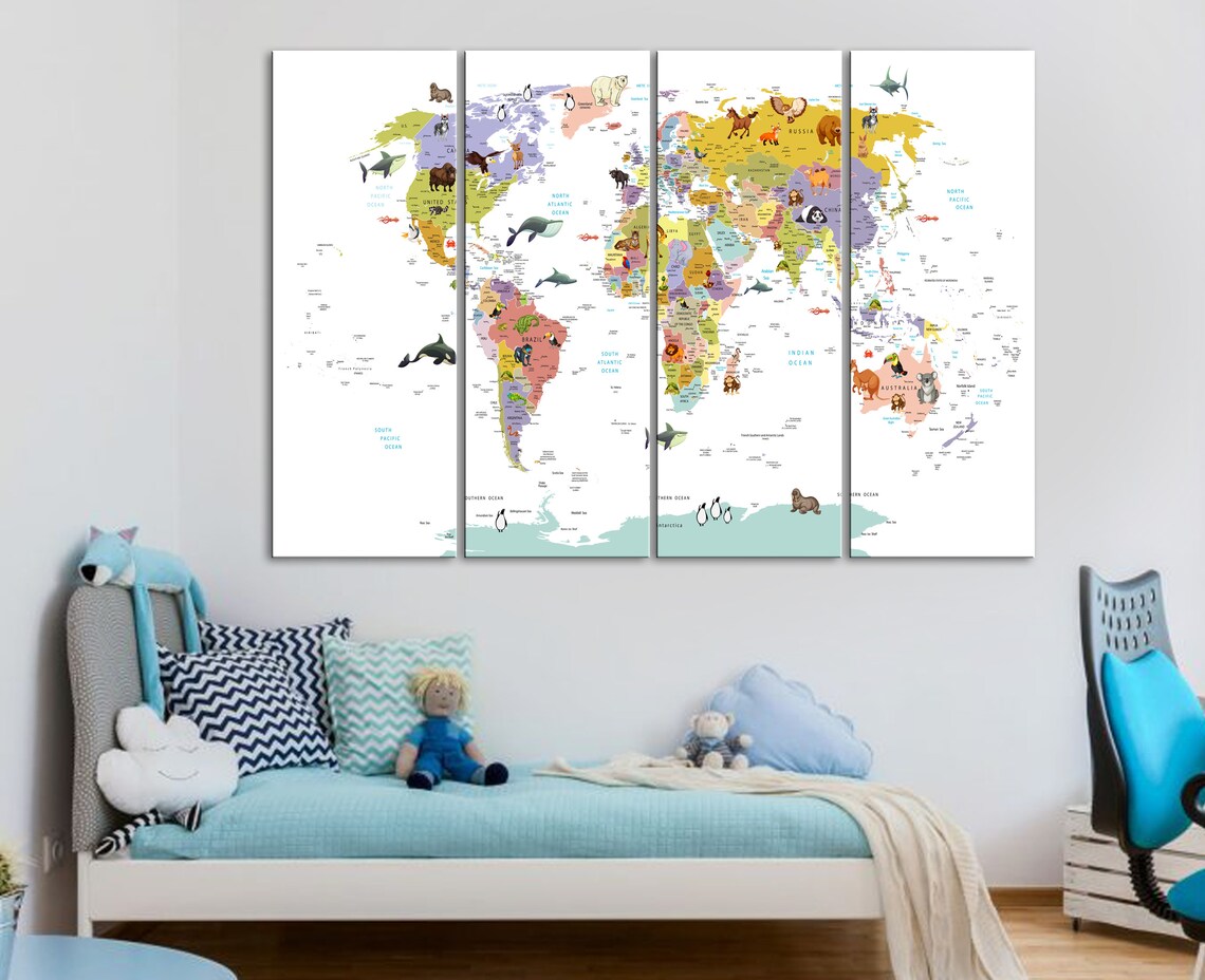 Animals World Map for Kids Atlas Print Continent World Map - Etsy