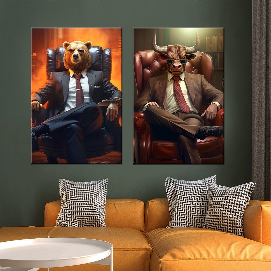 Stock Market Painting Print, Bull Bear Canvas Wall Art, Financial ...