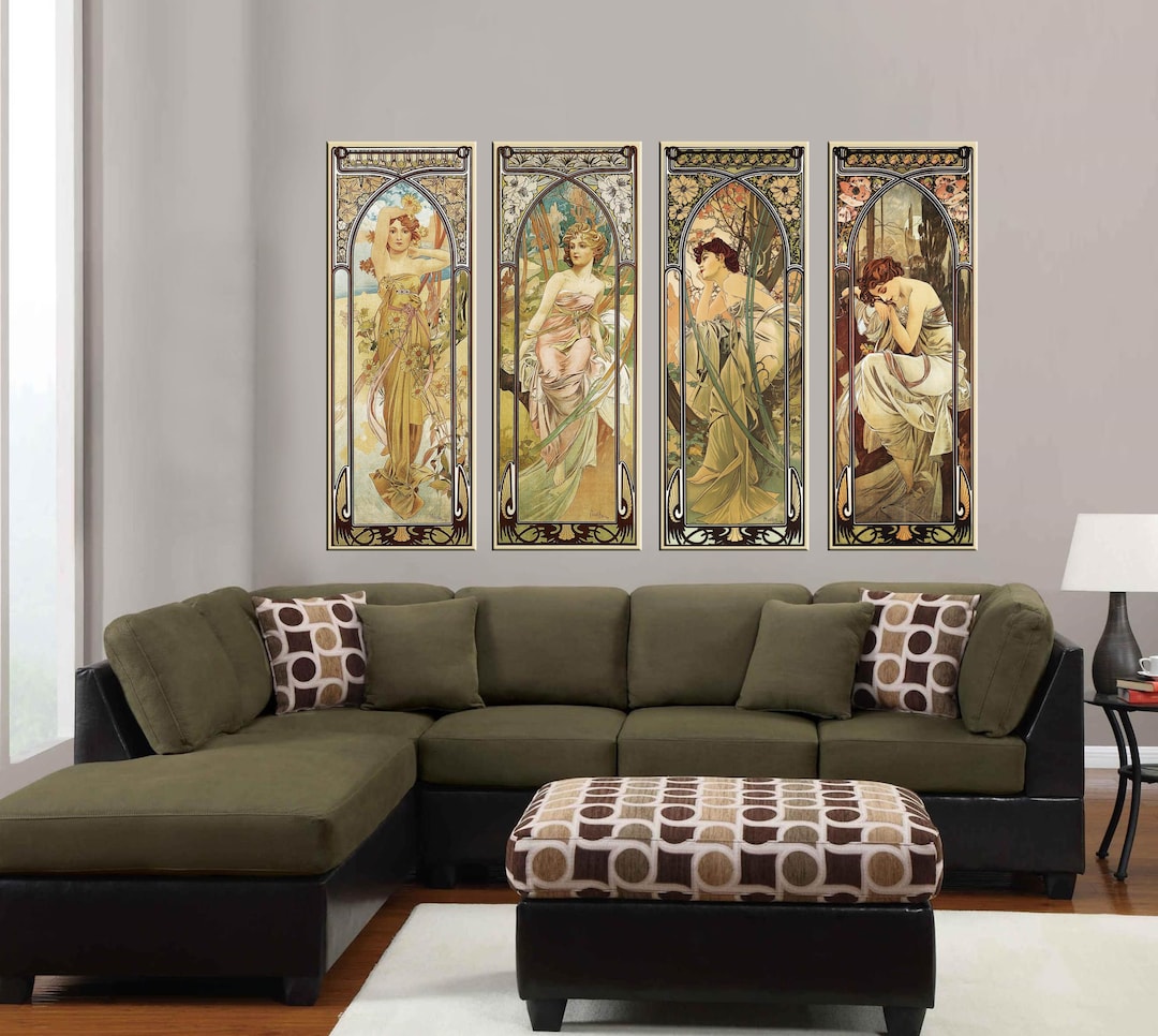 Alphonse Mucha Vintage Reproduction Print, Mucha Canvas Print, SET 4 ...