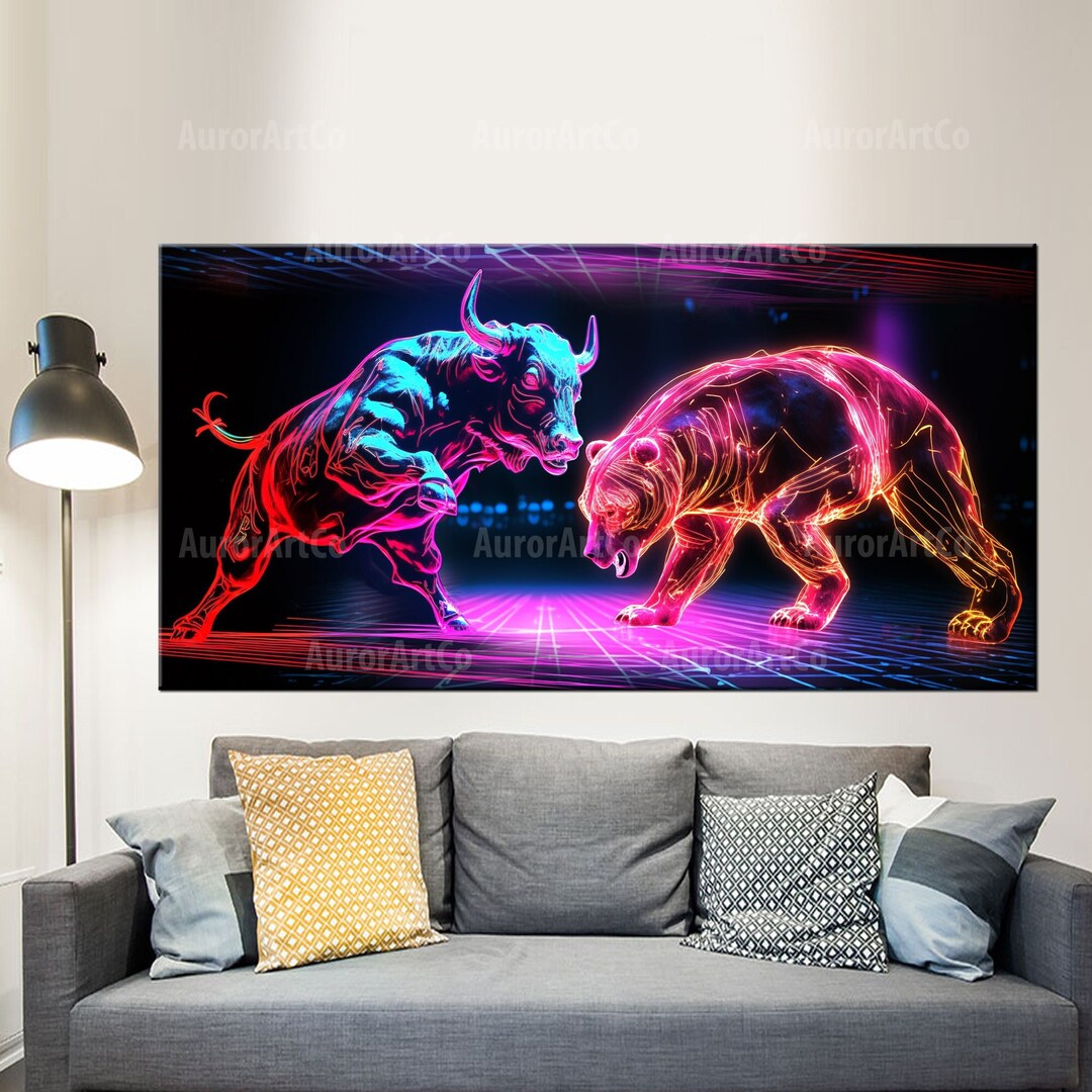 Neon Color Bull and Bear Wall Art, Office Decor, Market Exchange Modern ...