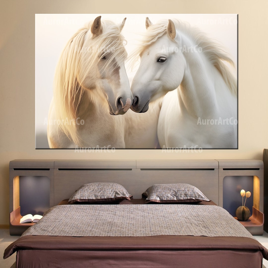 Horse Couple Canvas, White Horses Love Painting Print, Horse Wall Decor ...
