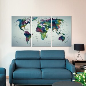 Watercolor World Map Canvas, Canvas Travel Map, Detailed World Map ...