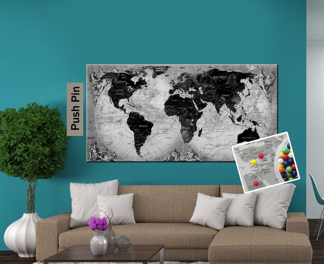 Push Pin Vintage World Map Canvas, Canvas Travel Map Push Pin, Detailed ...