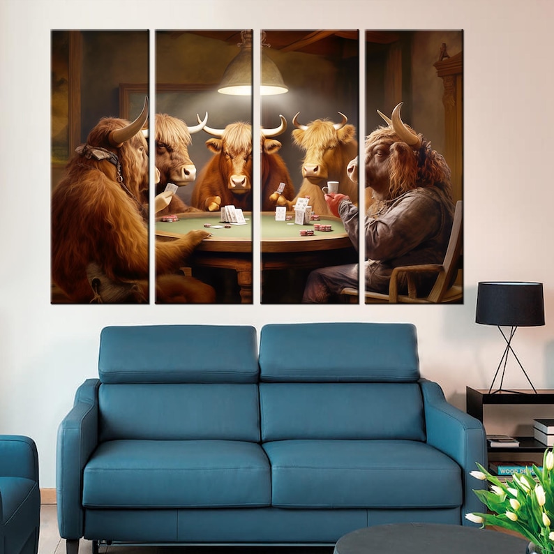 Highland Cow Playing Poker Canvas Print, Cows Playing Cards Wall Art ...