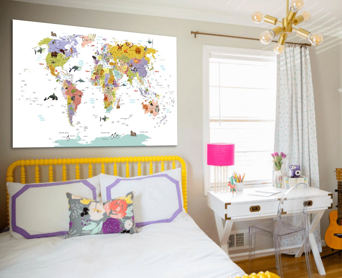 Animals World Map for Kids Atlas Print Continent World Map - Etsy