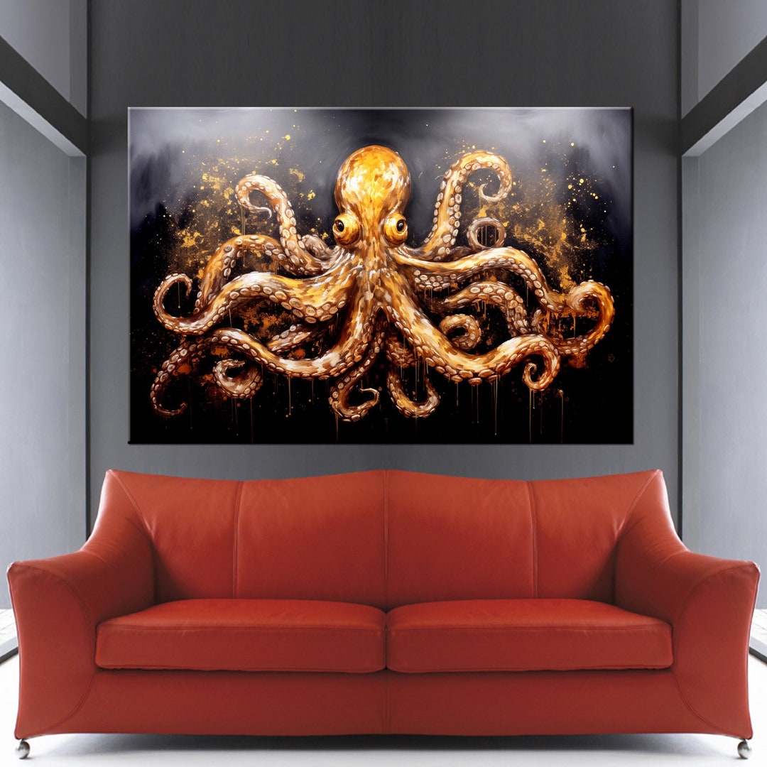 Octopus Painting Print, Golden Octopus Canvas, Sea Turtle Wall Decor ...