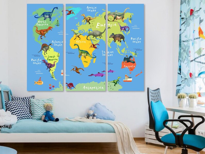 Dinosaurs World Map for Kids Cartoon Animal World Maps - Etsy