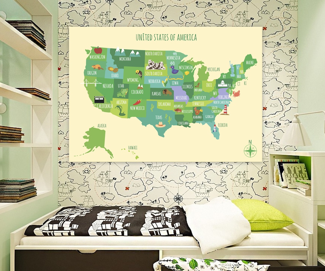Map USA Kids Canvas, Map USA School, American Map Kindergarten, USA ...