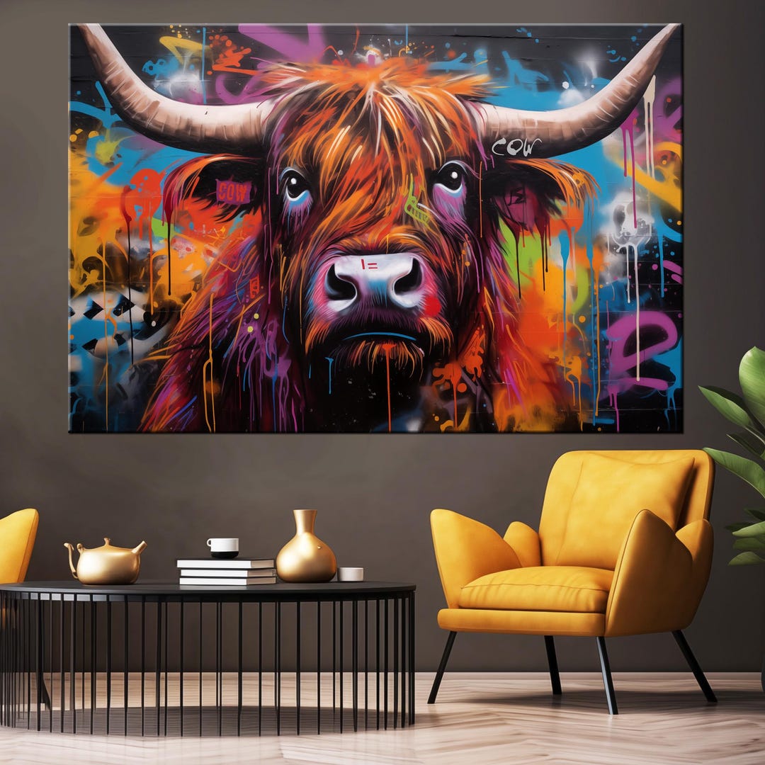 Highland Cow Painting Print Canvas, Abstract Highland Cow Wall Art ...
