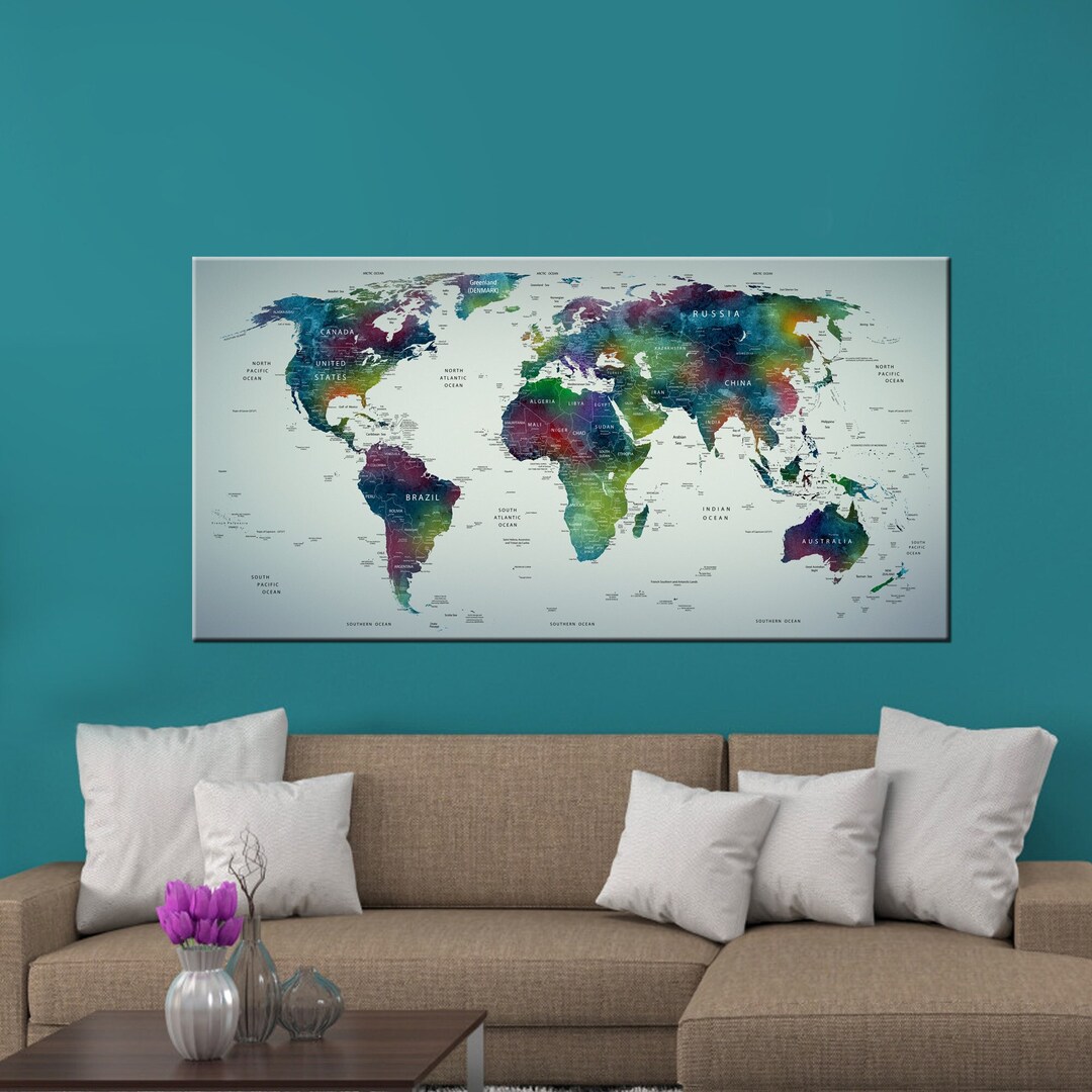 Watercolor World Map Canvas, Canvas Travel Map, Detailed World Map ...