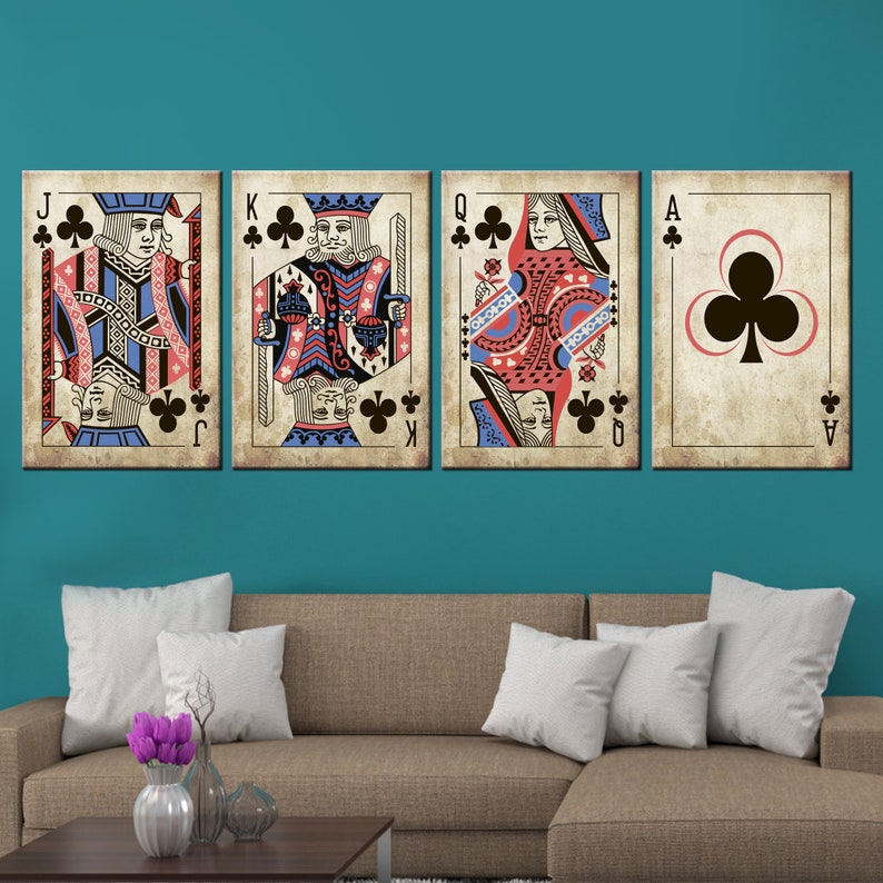 Trendy Retro Playing Cards Set Clubs 4 Panels Wall Art, Cards Canvas ...