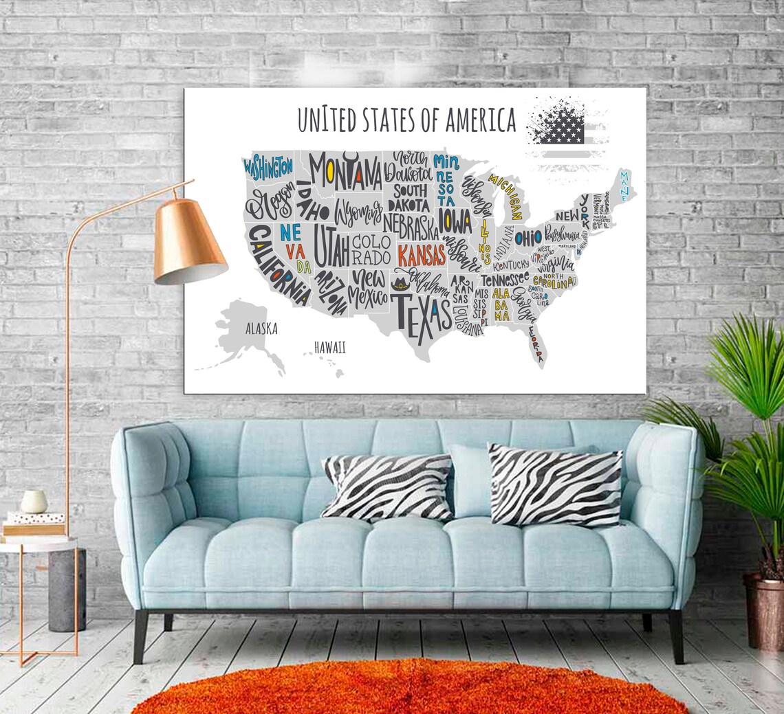 USA Map Kids Canvas America Map - Etsy