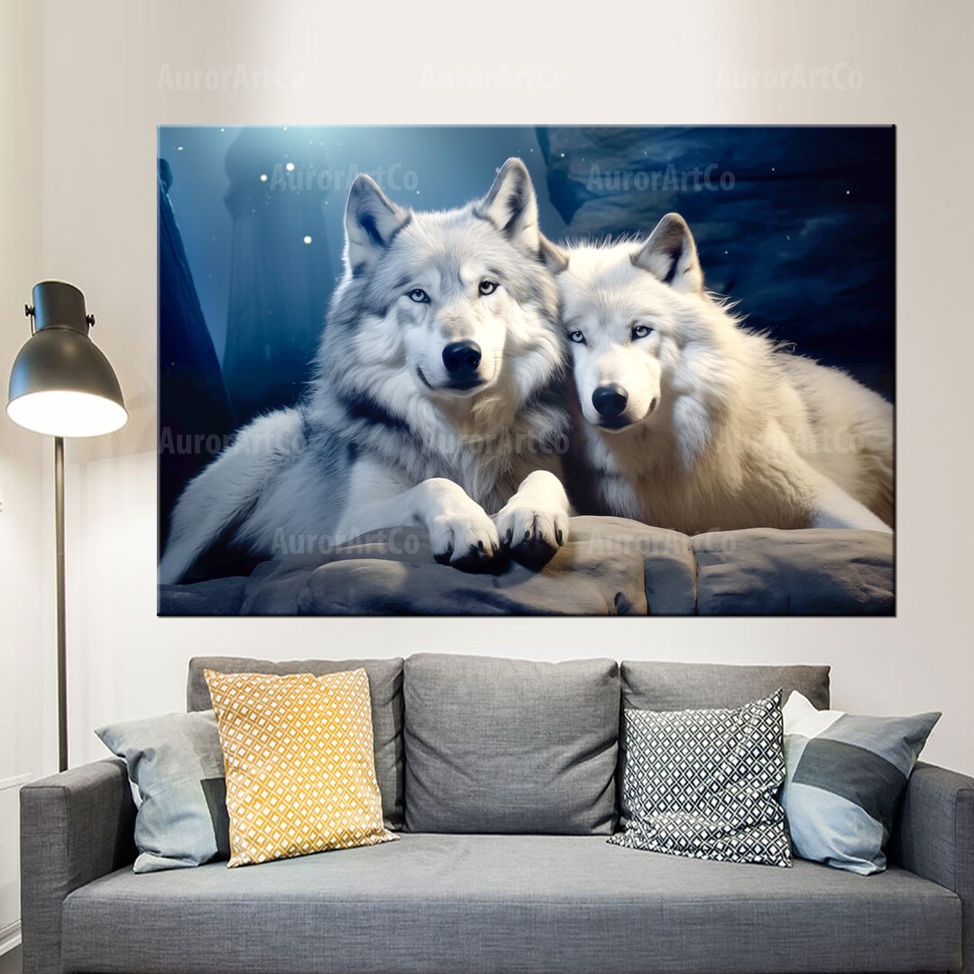 Wolves Couple Canvas, Wolf Love Painting Print, Pair of Wolves Wall ...