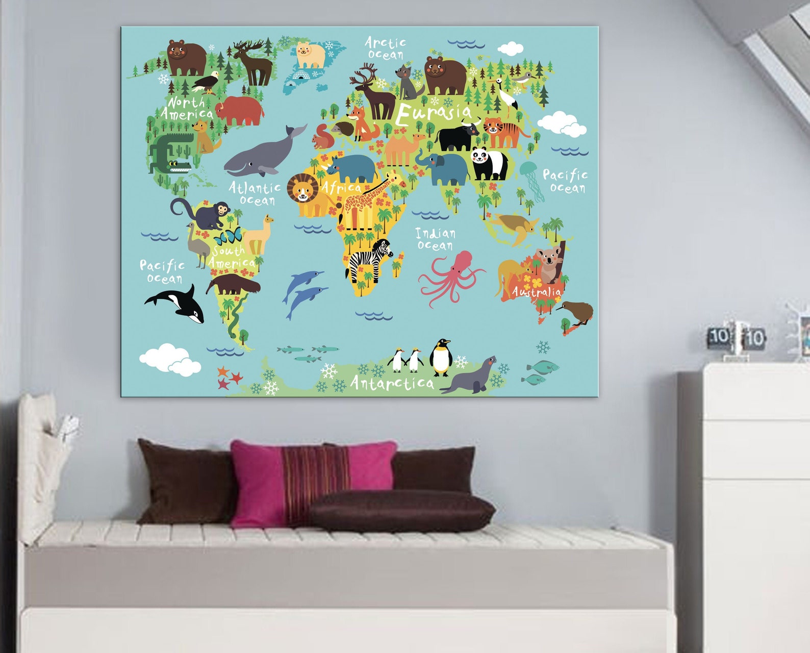 World Map for Kids Cartoon World Map for Children Animals - Etsy