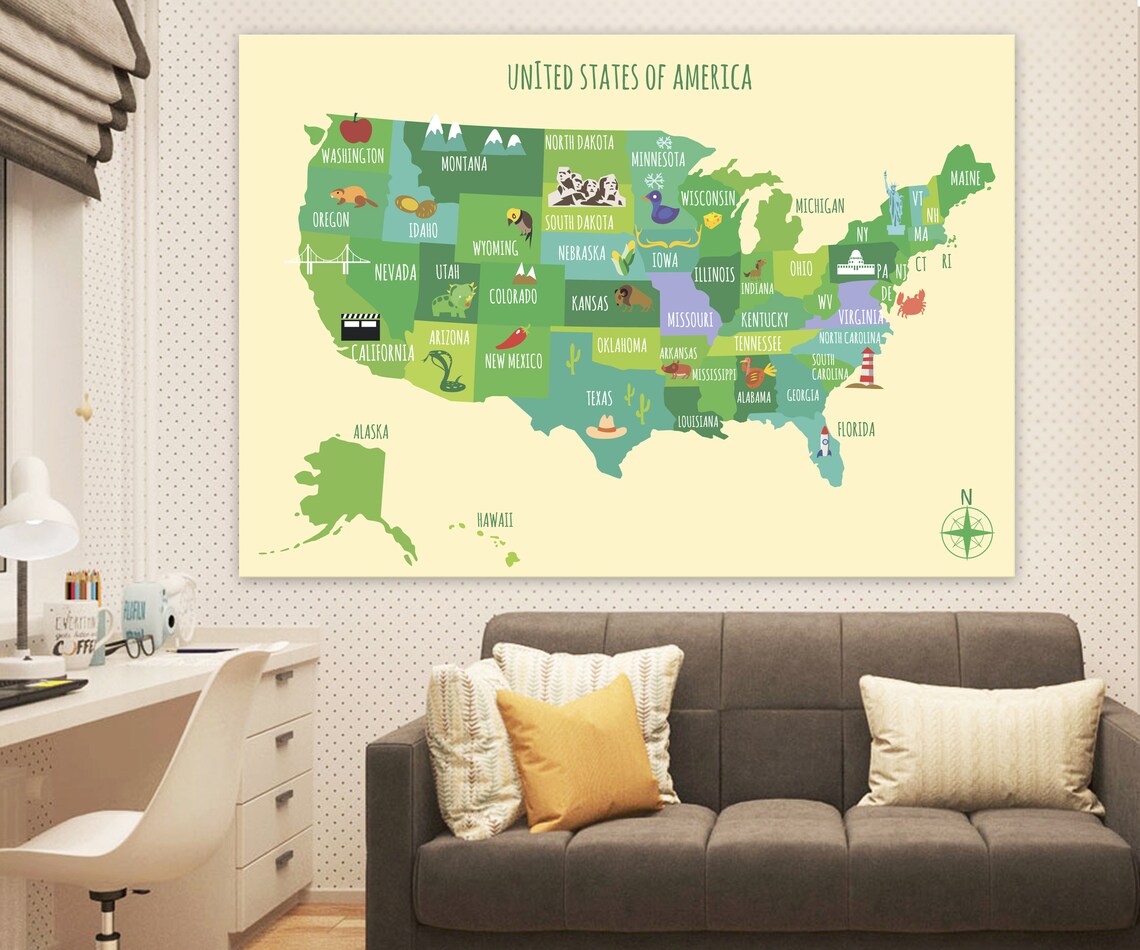 Map USA Kids Canvas map USA school american map | Etsy