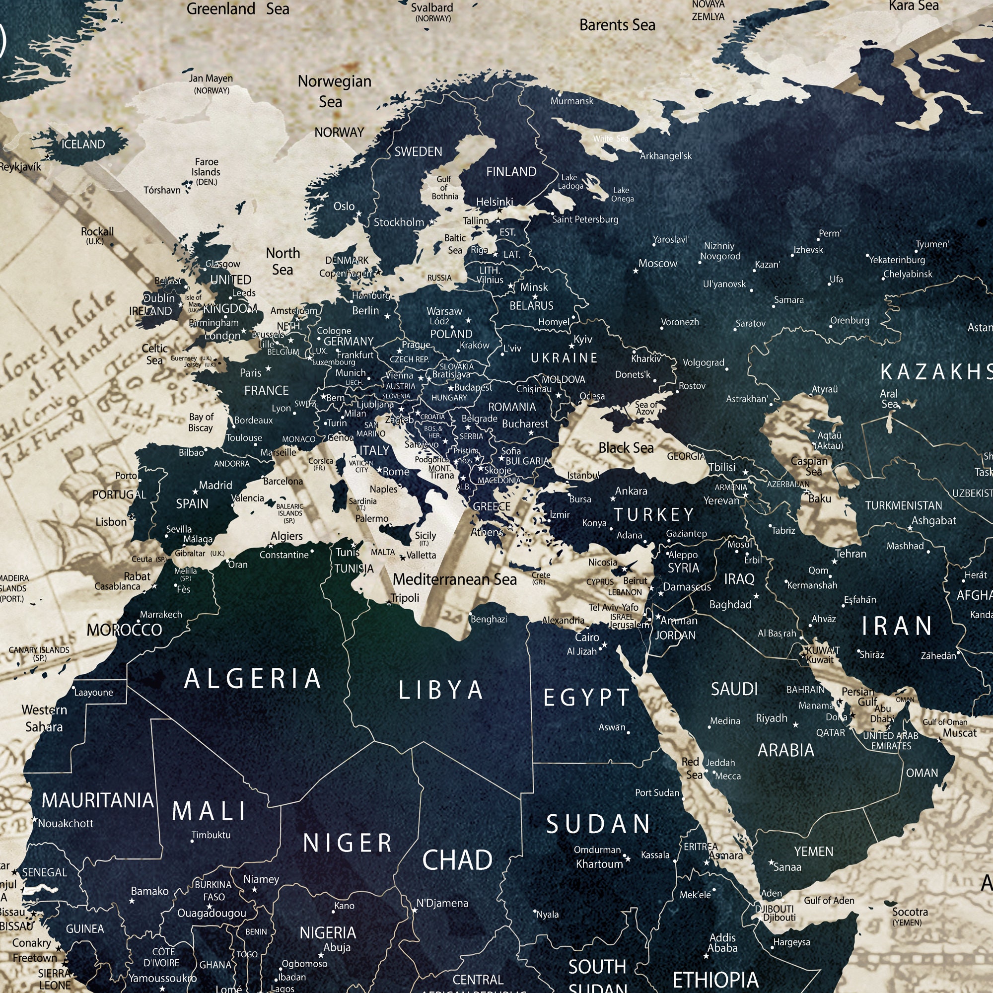 Vintage World Map Canvas, Canvas Travel Map, Dark Detailed World Map ...