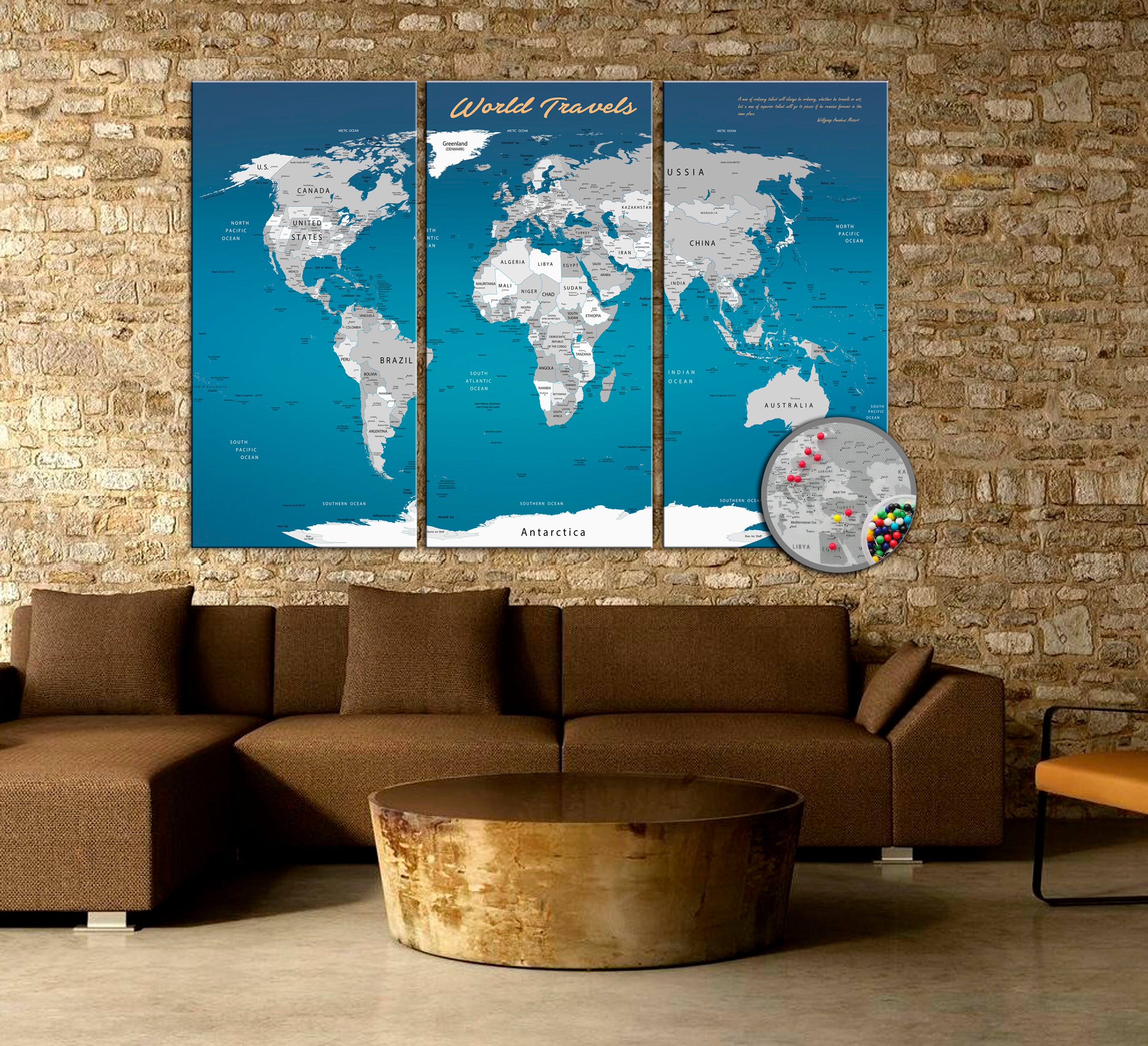Track Your Travels With a Detailed World Map Canvas, Large Push Pin ...