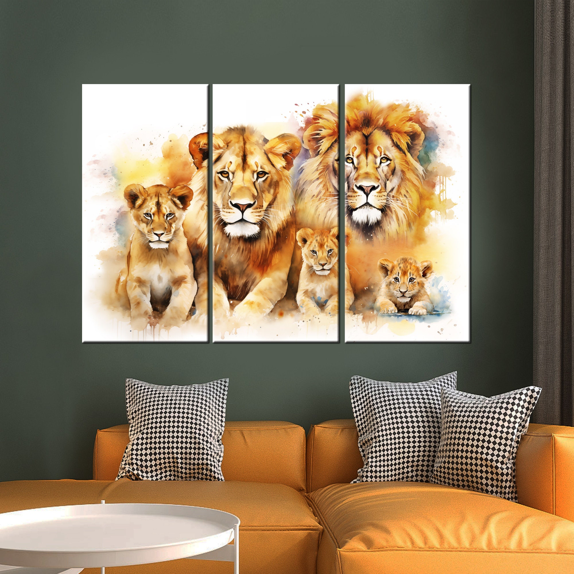 Watercolors Lions Three Lion Cubs Print Canvas, Lion Lioness Wall Art ...