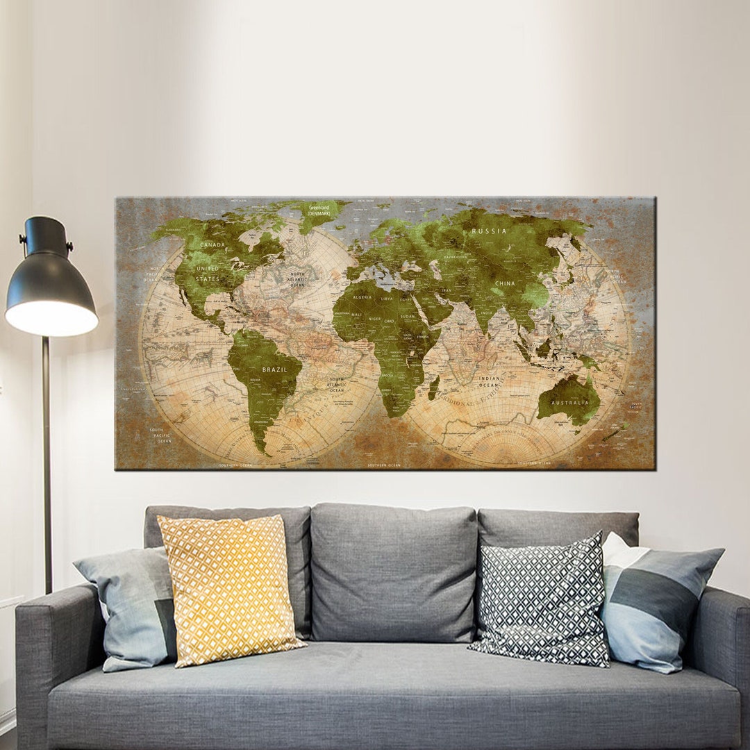 Vintage World Map Canvas, Canvas Travel Map, Detailed World Map, Olive ...
