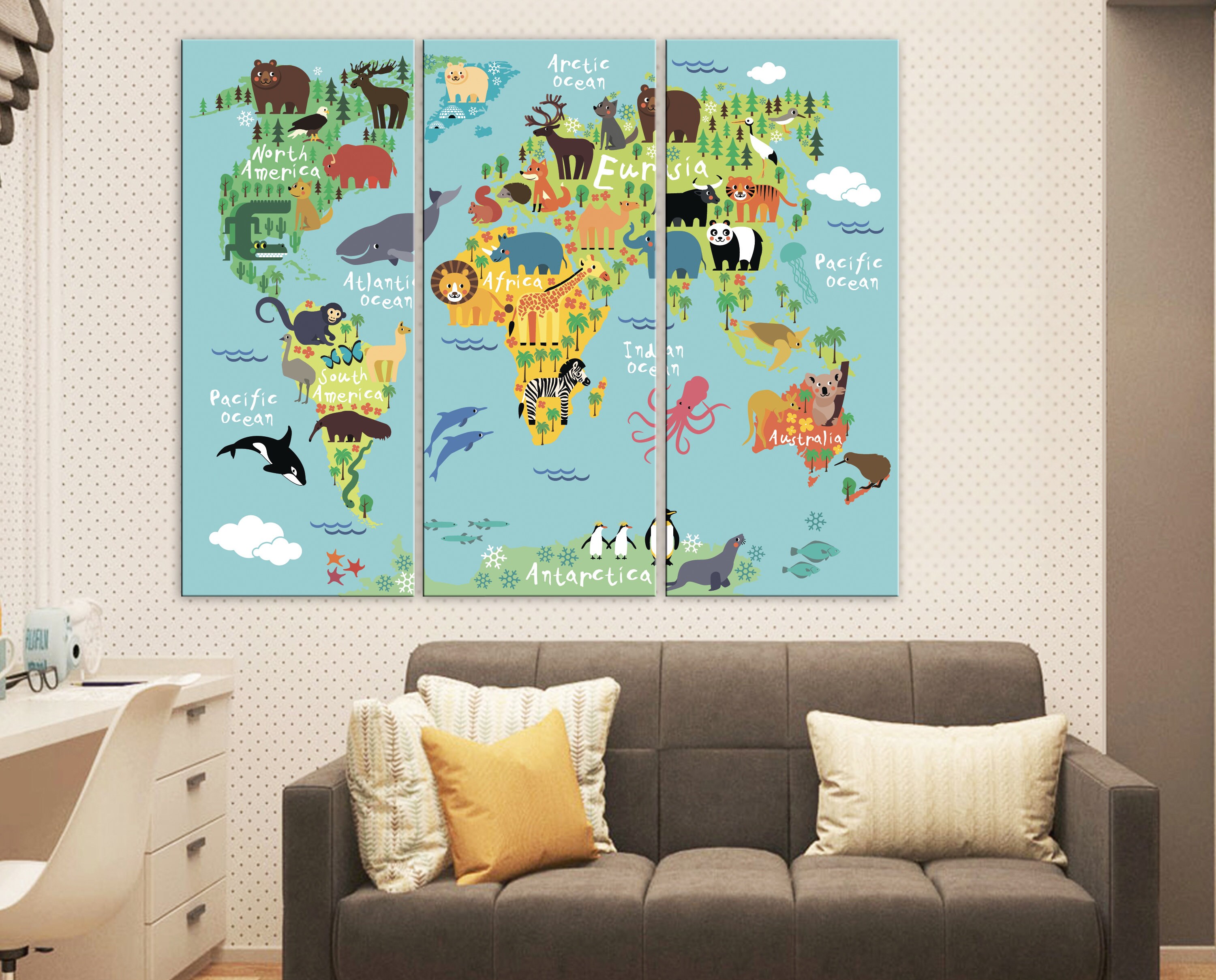 World Map for Kids Cartoon World Map for Children Animals - Etsy
