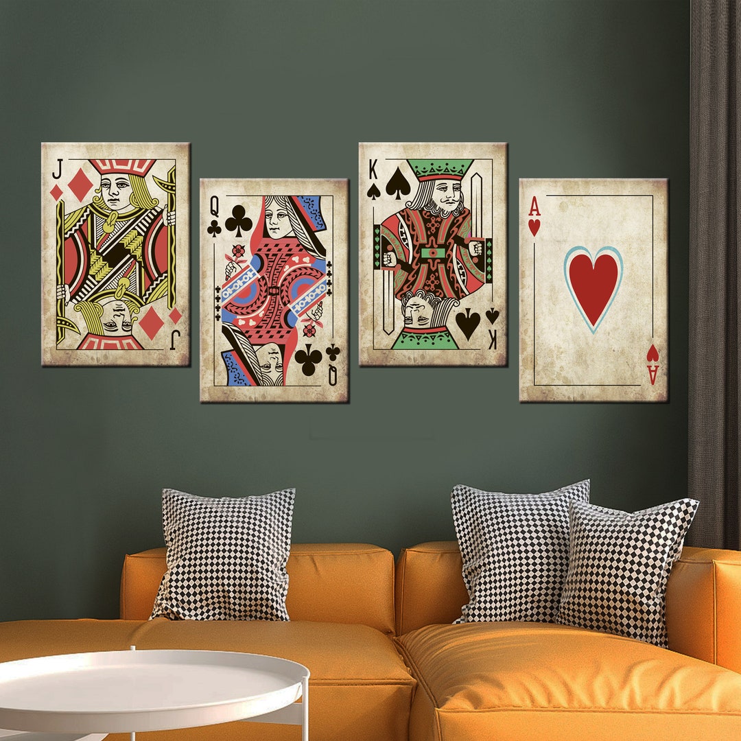 Vintage Playing Cards Set 4 Panels Canvas Print, Poker Room Decor ...