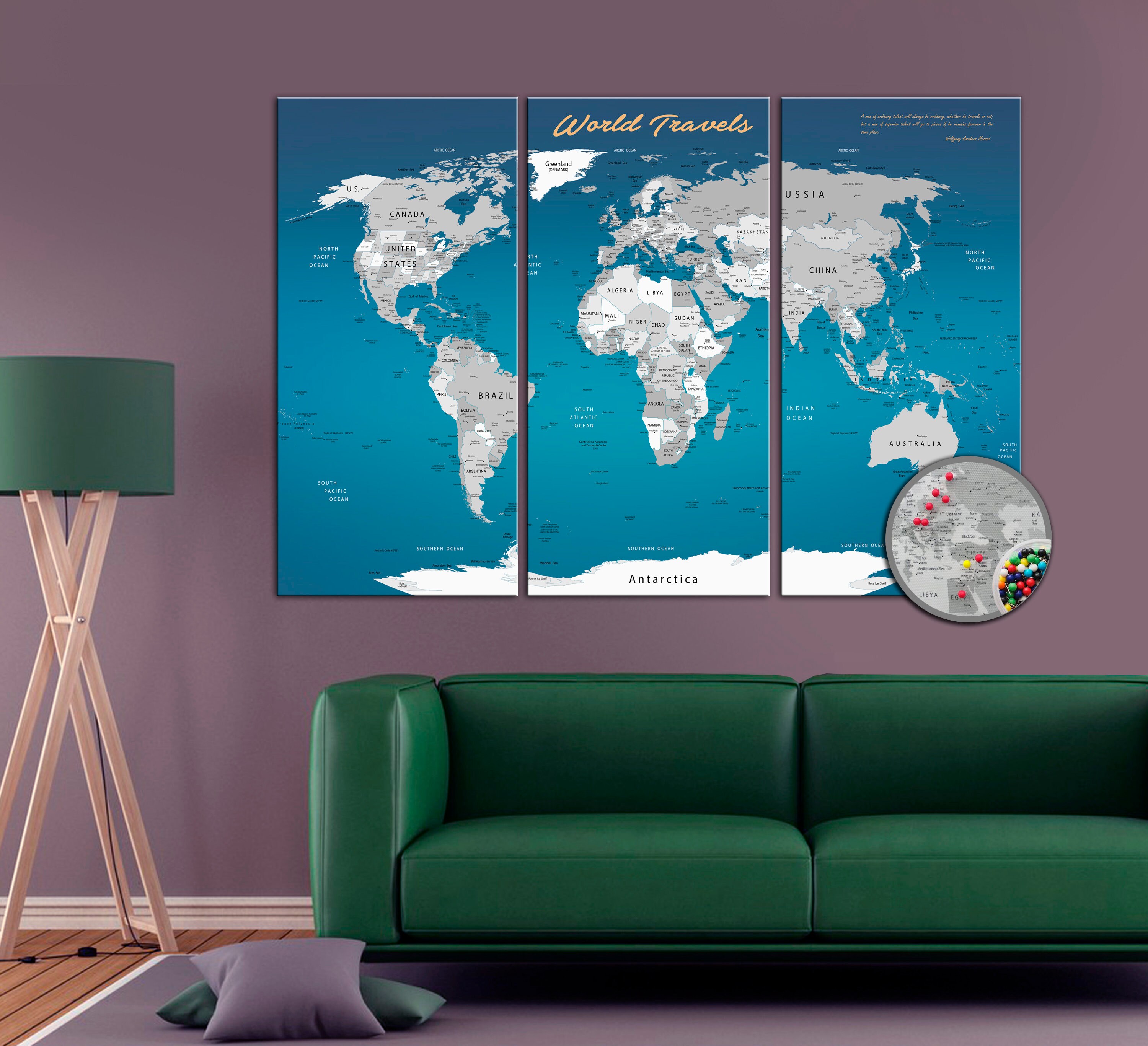 Track Your Travels With a Detailed World Map Canvas, Large Push Pin ...