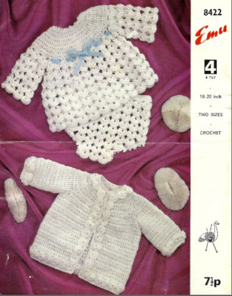 Emu 8422, 4ply, Crochet Pattern, Baby Girl Cardigan, Dress and Pants ...