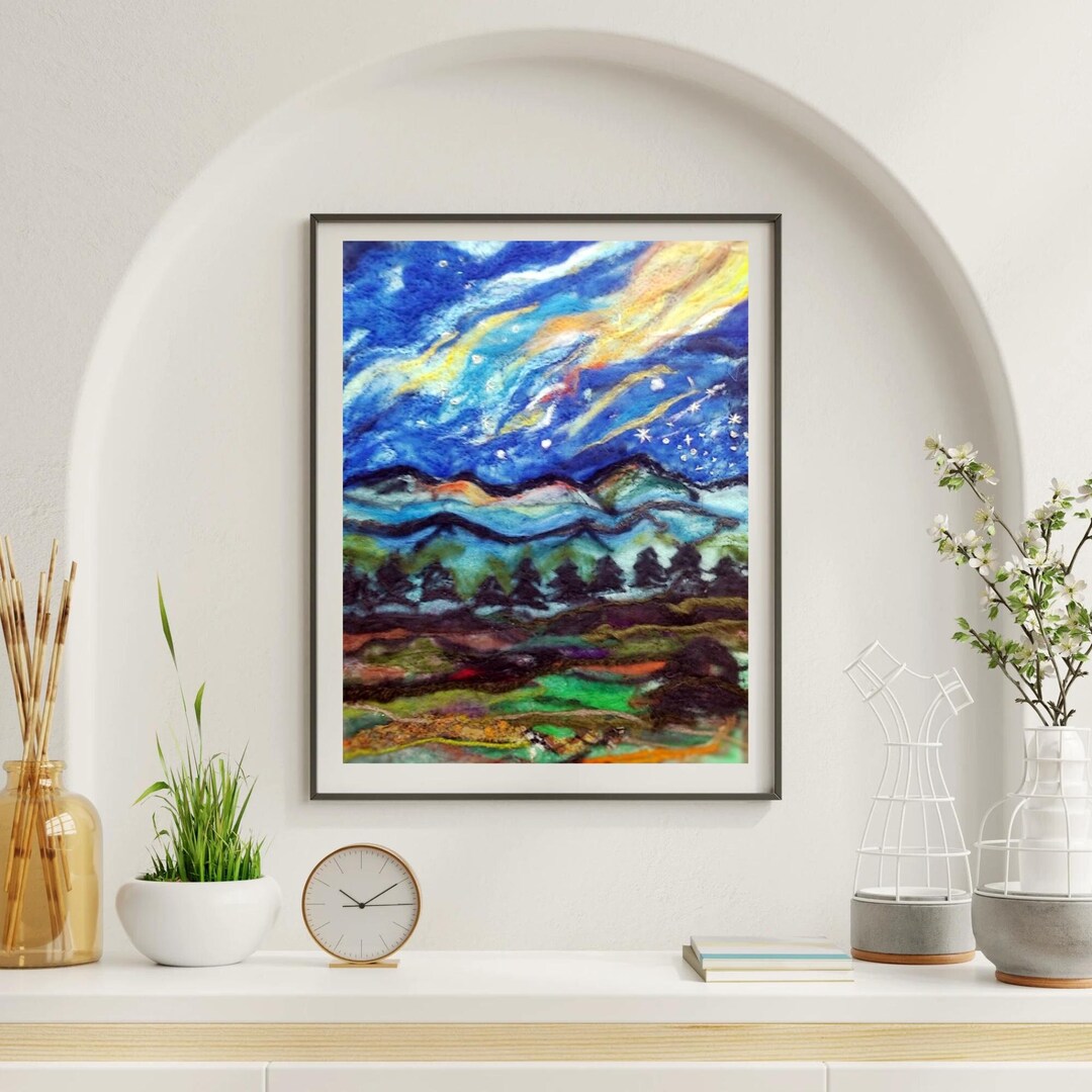 Starry Midnight Forest- Needle Felt Landscape Painting, Wool Picture ...