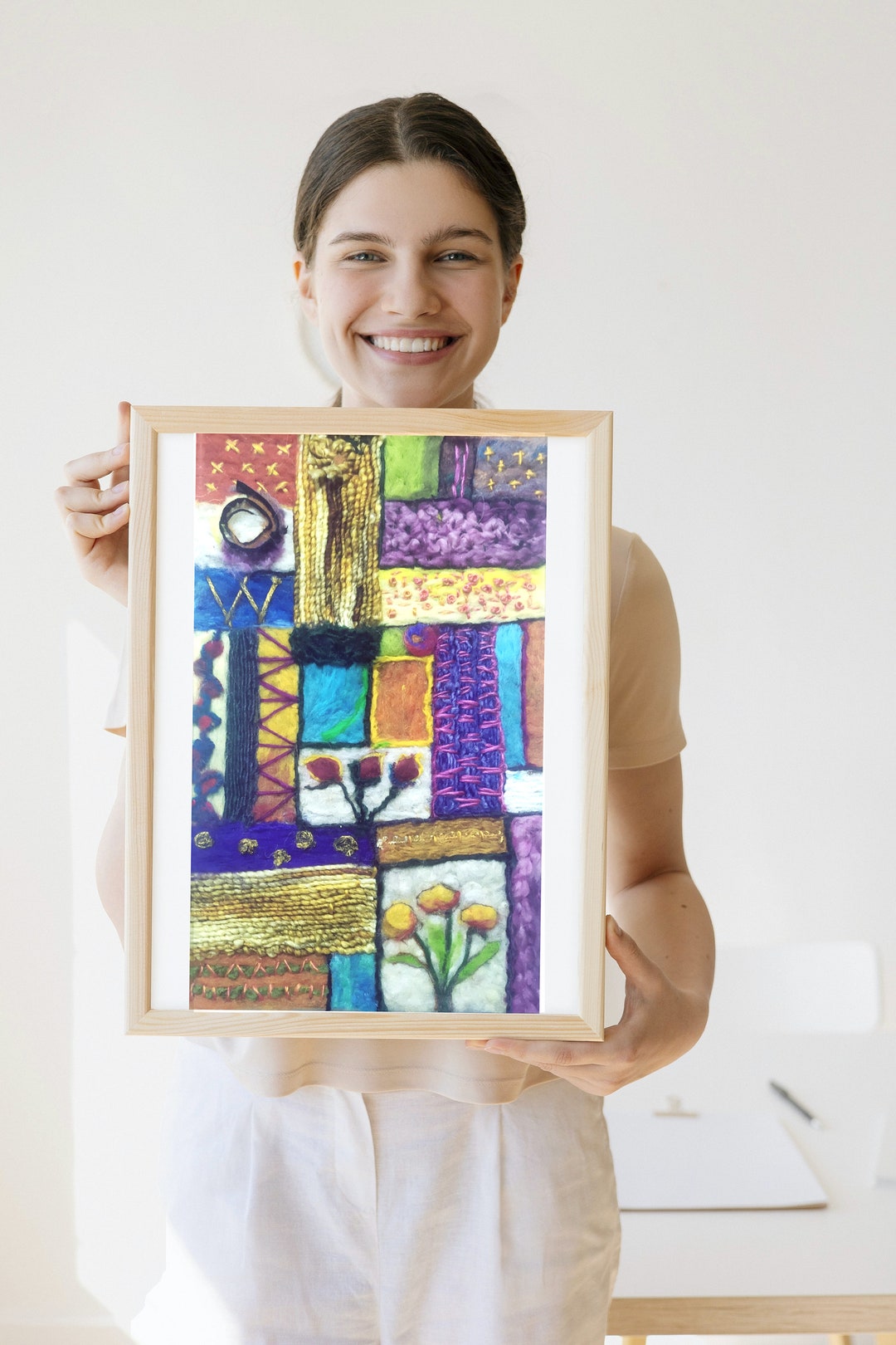 Colorful Patchwork Felt Art Painting - Abstract Felted Wool, Nature ...