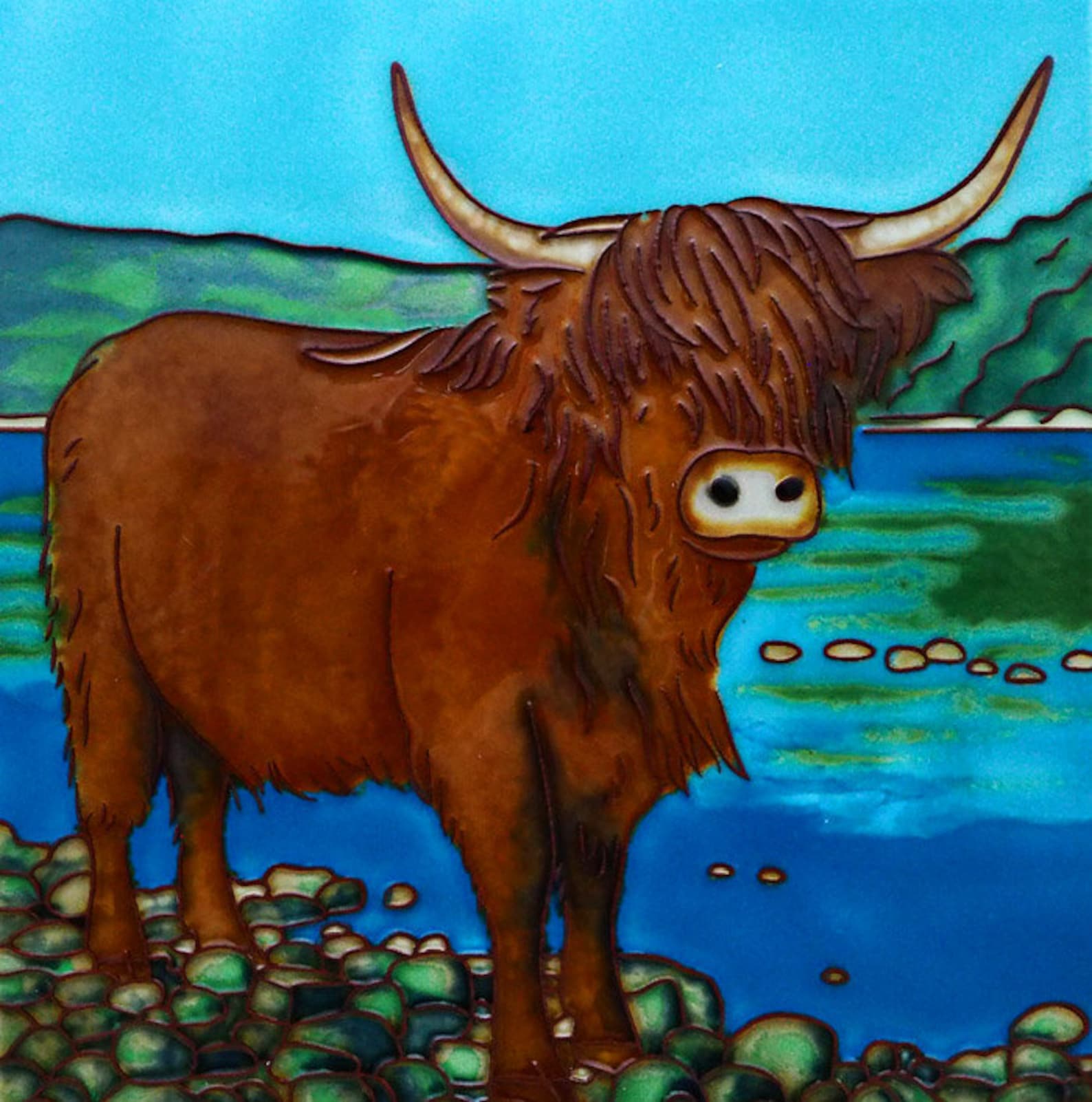 Highland Cow on Loch Ceramic Picture Tile - Etsy