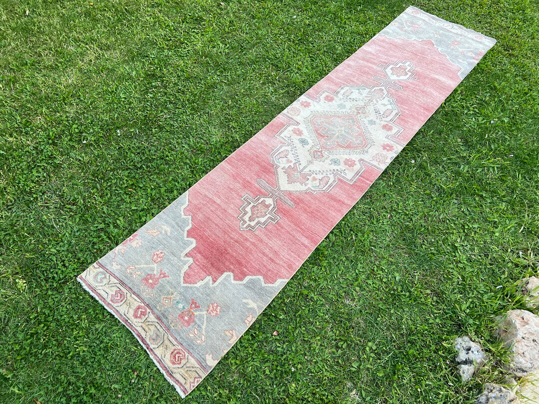 Vintage Rug Runner, Turkish Rug, Muted Red Rug, Runner, 3x11 Oushak Rug ...