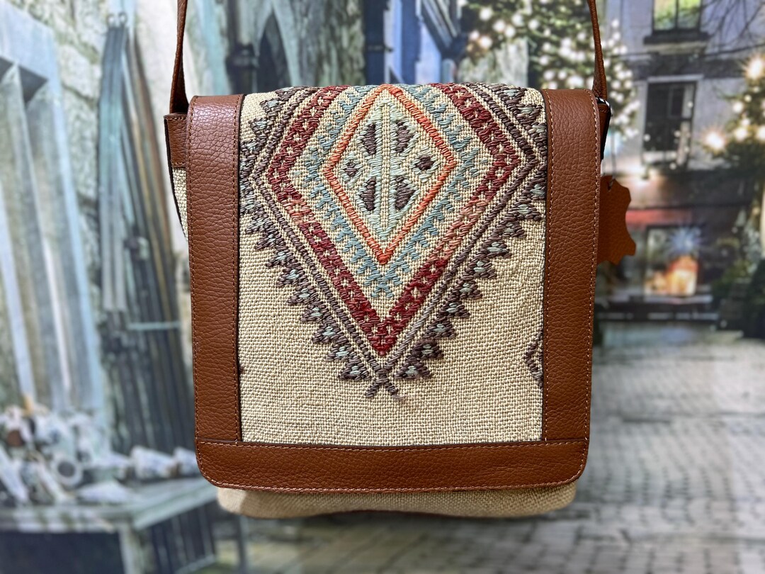 Turkish Kilim Bag, Vintage Crossbody Purse, Brown Leather Shoulder Bag ...