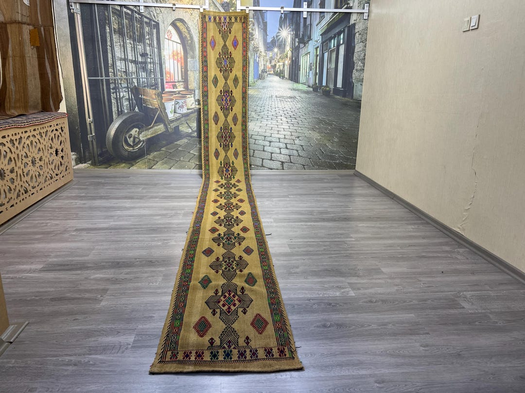 Tribal Turkish Kilim, 2x18 Extra Long Runner Rug, Beige Geometric ...