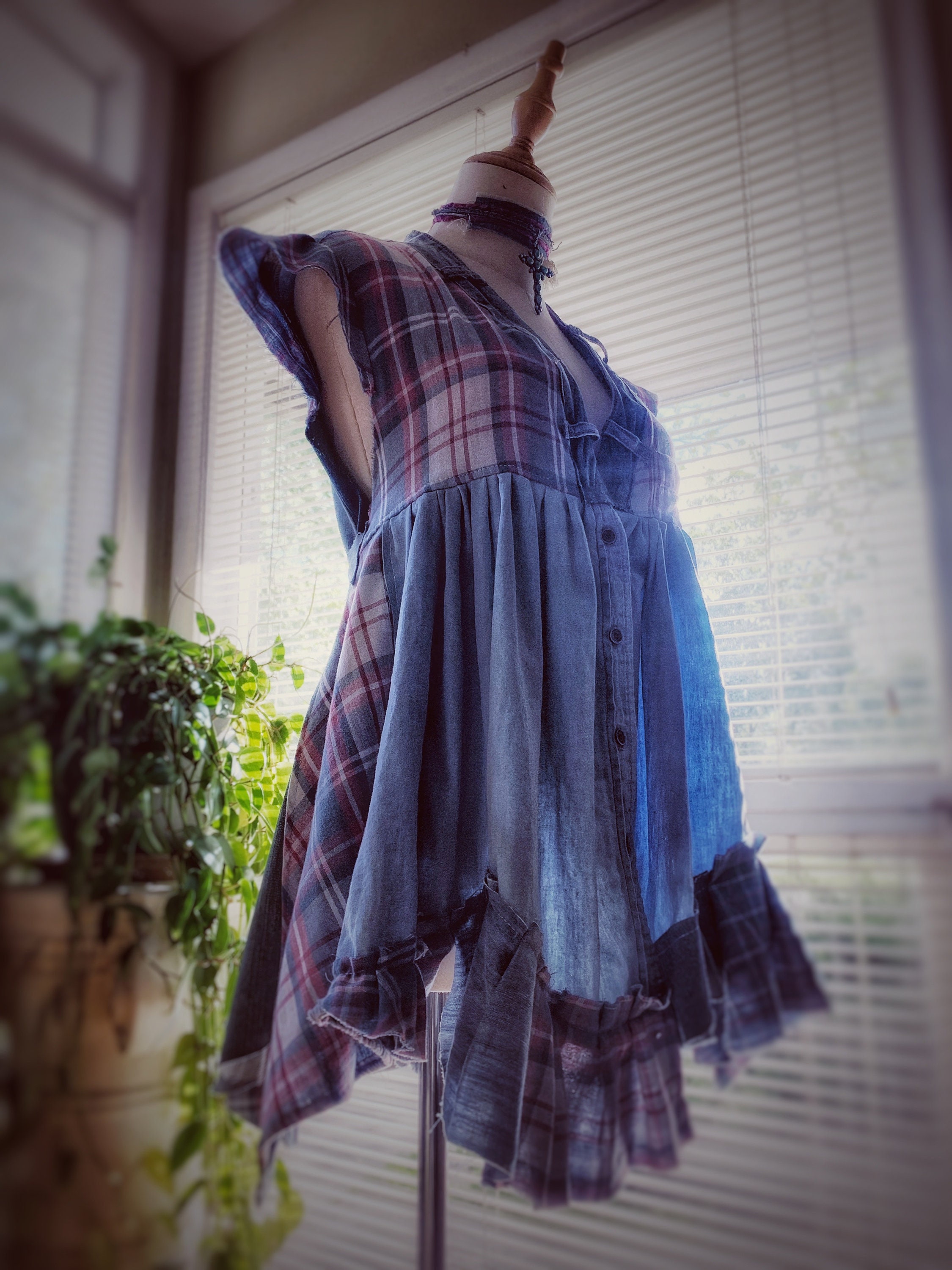 OOAK Upcycled Patchwork Denim and Flannel Plaid Babydoll Reworked Tunic ...