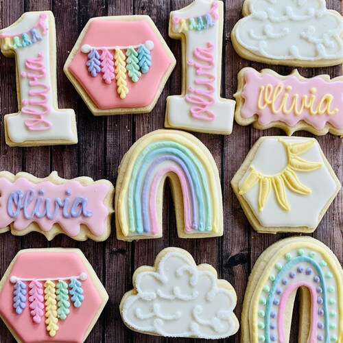 1 Dozen Personalized Boho 1st Birthday Cookies Boho Rainbow - Etsy