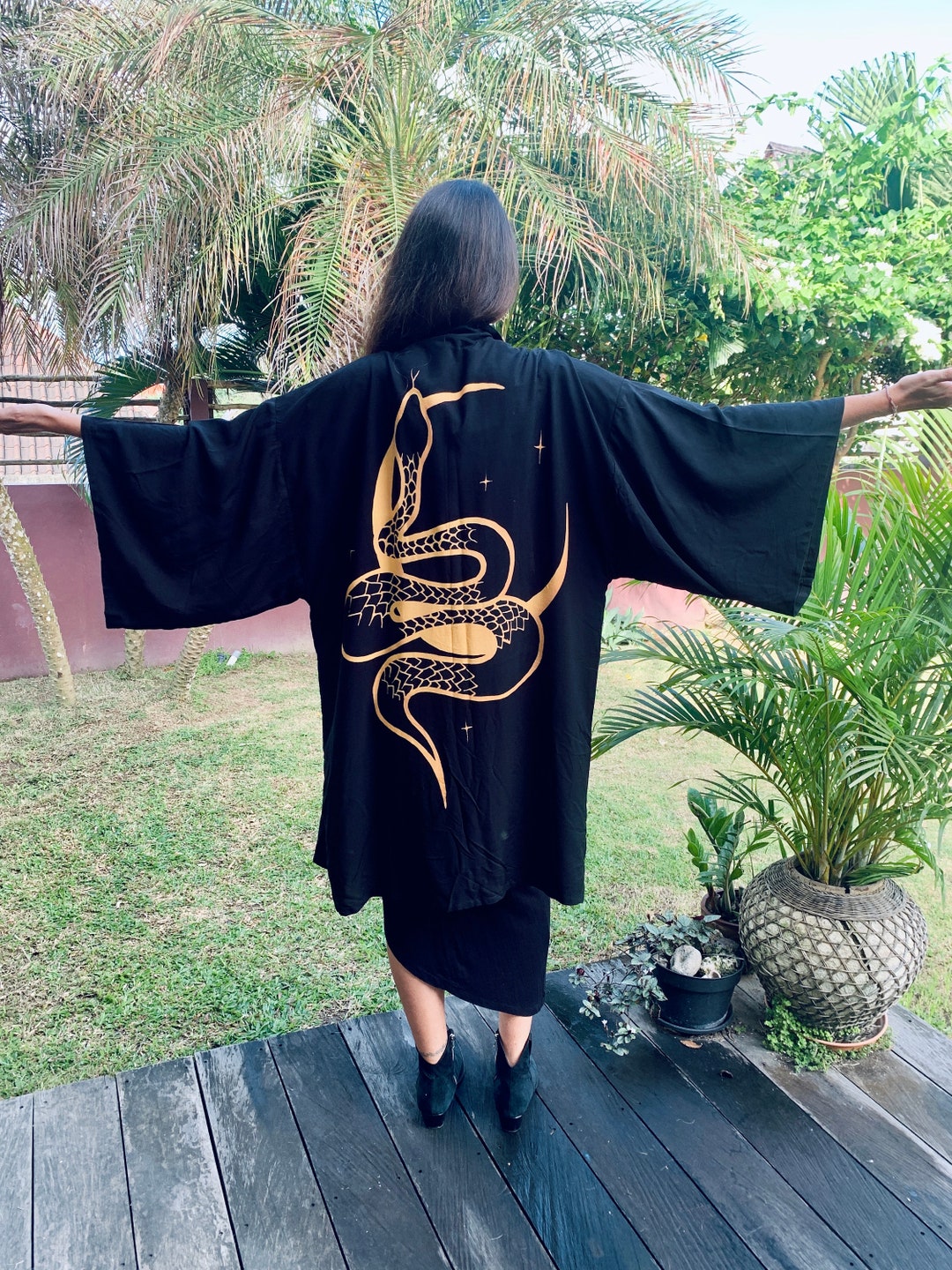 Lunar Serpent Golden Snake on Black Kimono Handpainted Batik Jacket ...