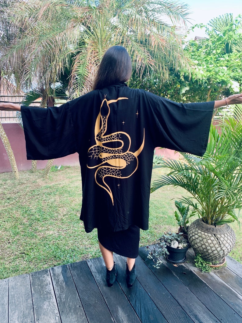 Handpainted Lunar Serpent Kimono Jacket: Golden Snake Batik Art - Etsy