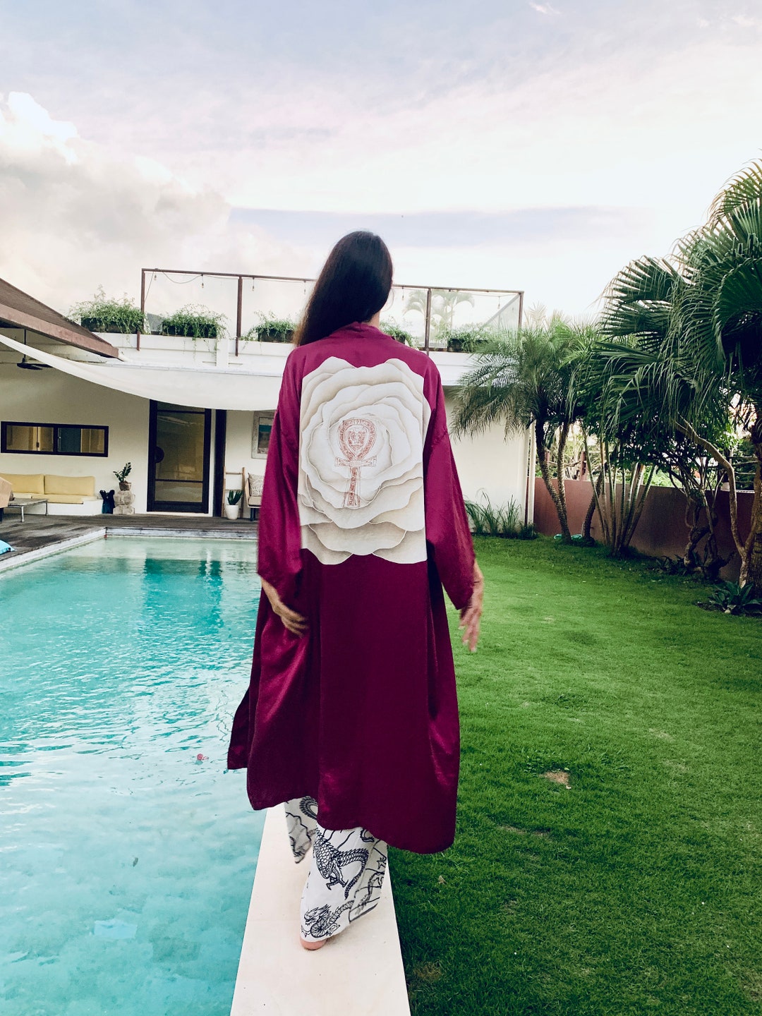 Long Magenta & White Rose Ankh, Goddess Kimono, Sustainable, One of a ...