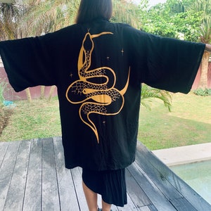 Handpainted Lunar Serpent Kimono Jacket: Golden Snake Batik Art - Etsy
