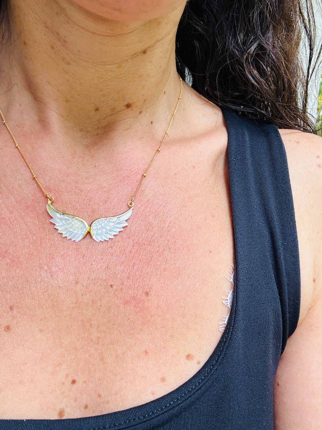 22k Gold and Mother of Pearl Angel Wing Necklace, Gift for Her, One of ...