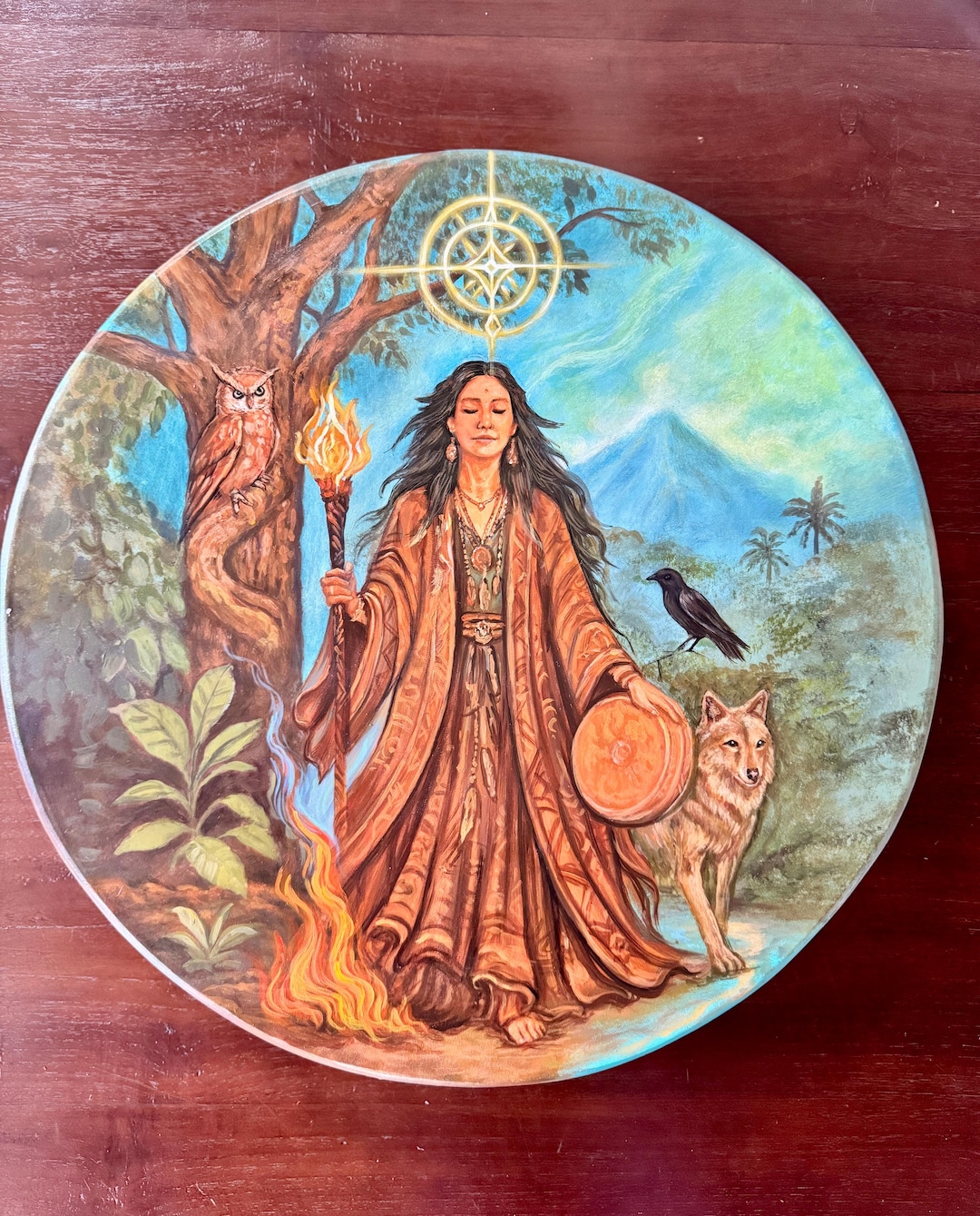 Hand-painted Shamanic Drum: Teak Frame, Goat Skin, Wolf, Raven, Owl - Etsy