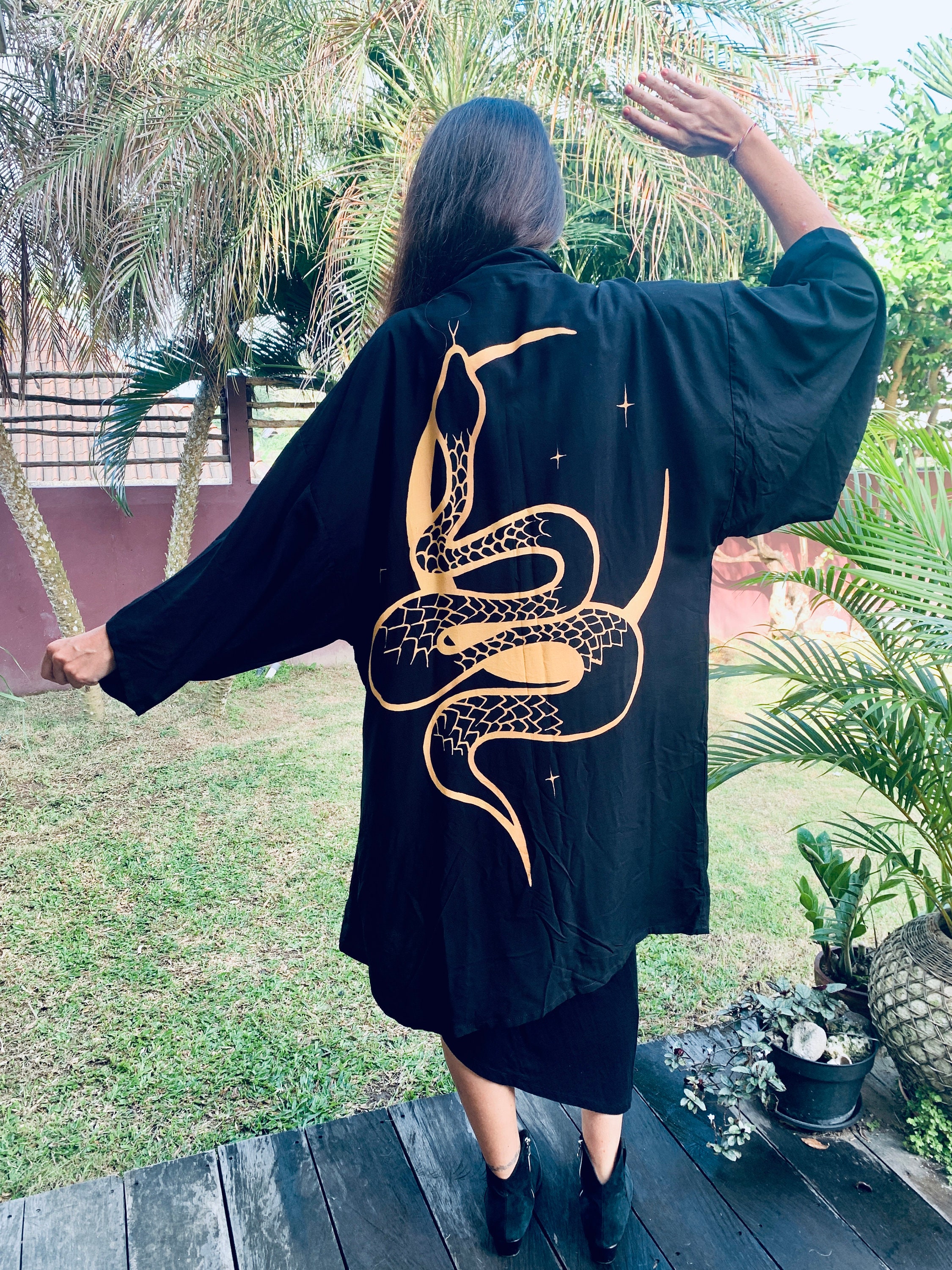 Handpainted Lunar Serpent Kimono Jacket: Golden Snake Batik Art - Etsy