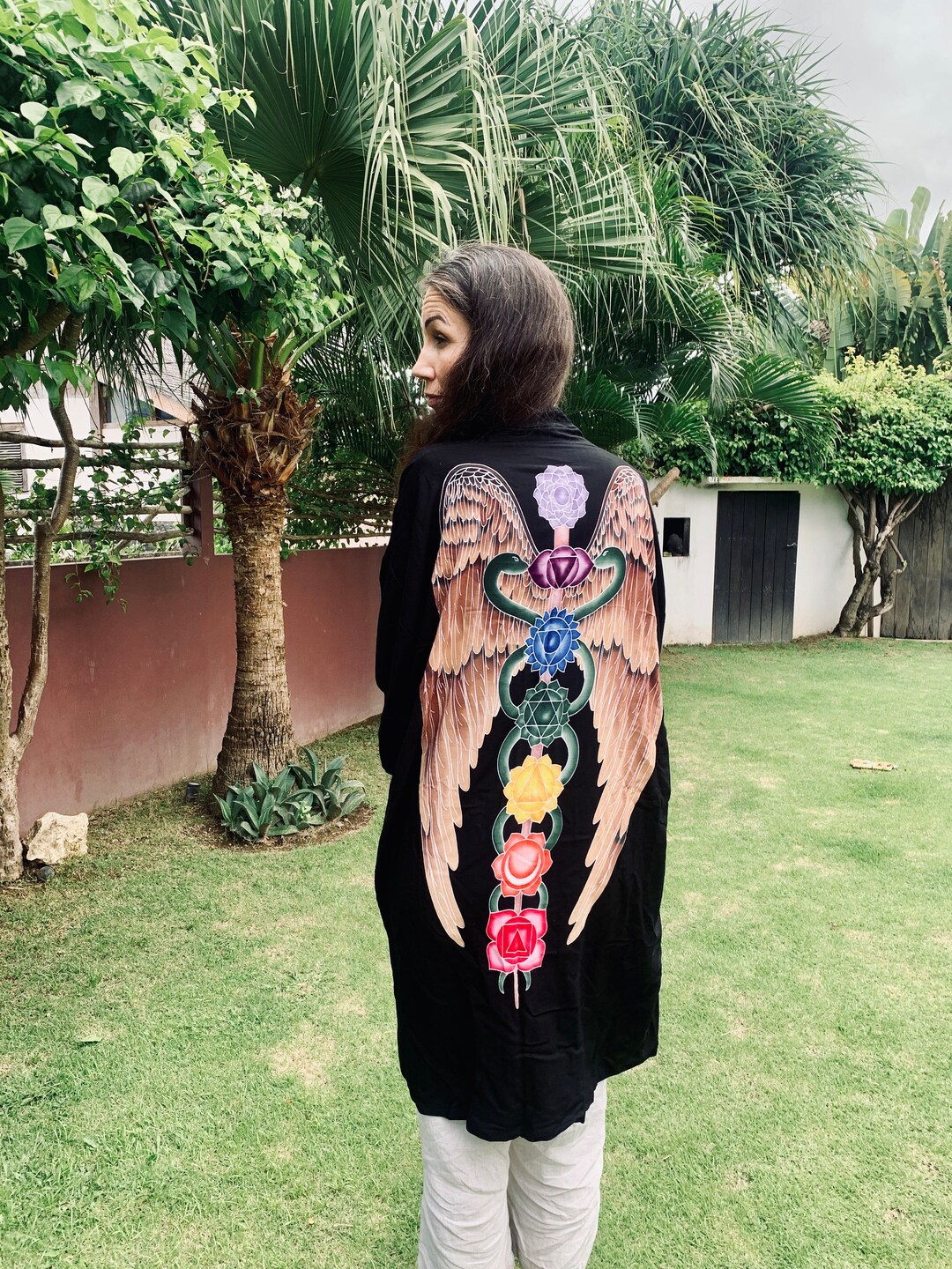 Angel Wing Kimono / Robe With Cuduceus Chakras, Unisex Robe Black ...